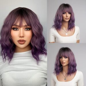 haoland purple wig with bangs for women 14” short bob wavy wig heat resistant colored wigs synthetic wig for daily party use cosplay (purple)