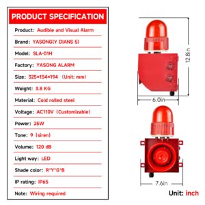 Y DIANS S Alarm Siren Waterproof Volume Tone Adjustable 120dB Loud Horn 25W Outdoor Security Button Siren with LED Strobe Light SLA-01H AC110V-120Volts