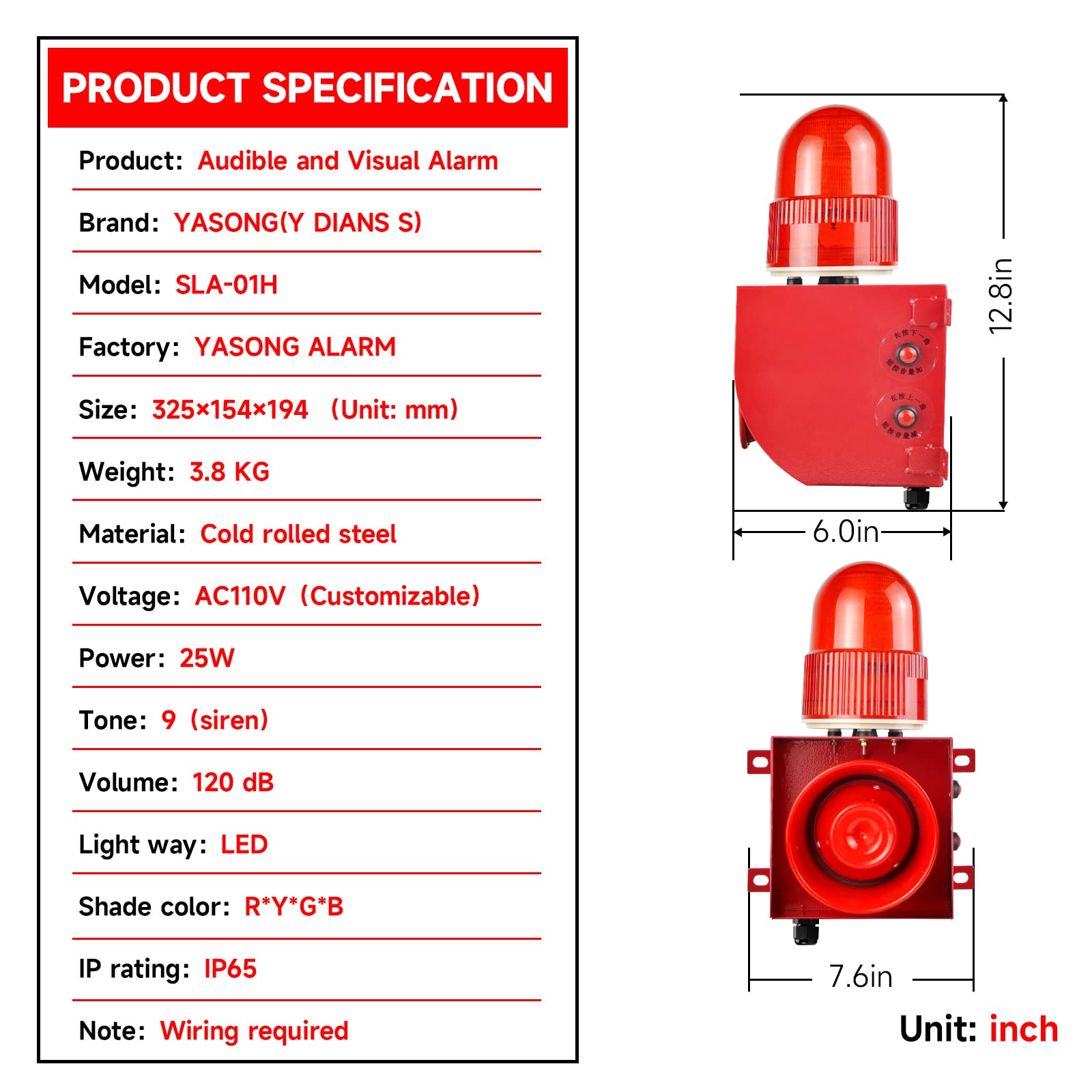 Y DIANS S Alarm Siren Waterproof Volume Tone Adjustable 120dB Loud Horn 25W Outdoor Security Button Siren with LED Strobe Light SLA-01H AC110V-120Volts