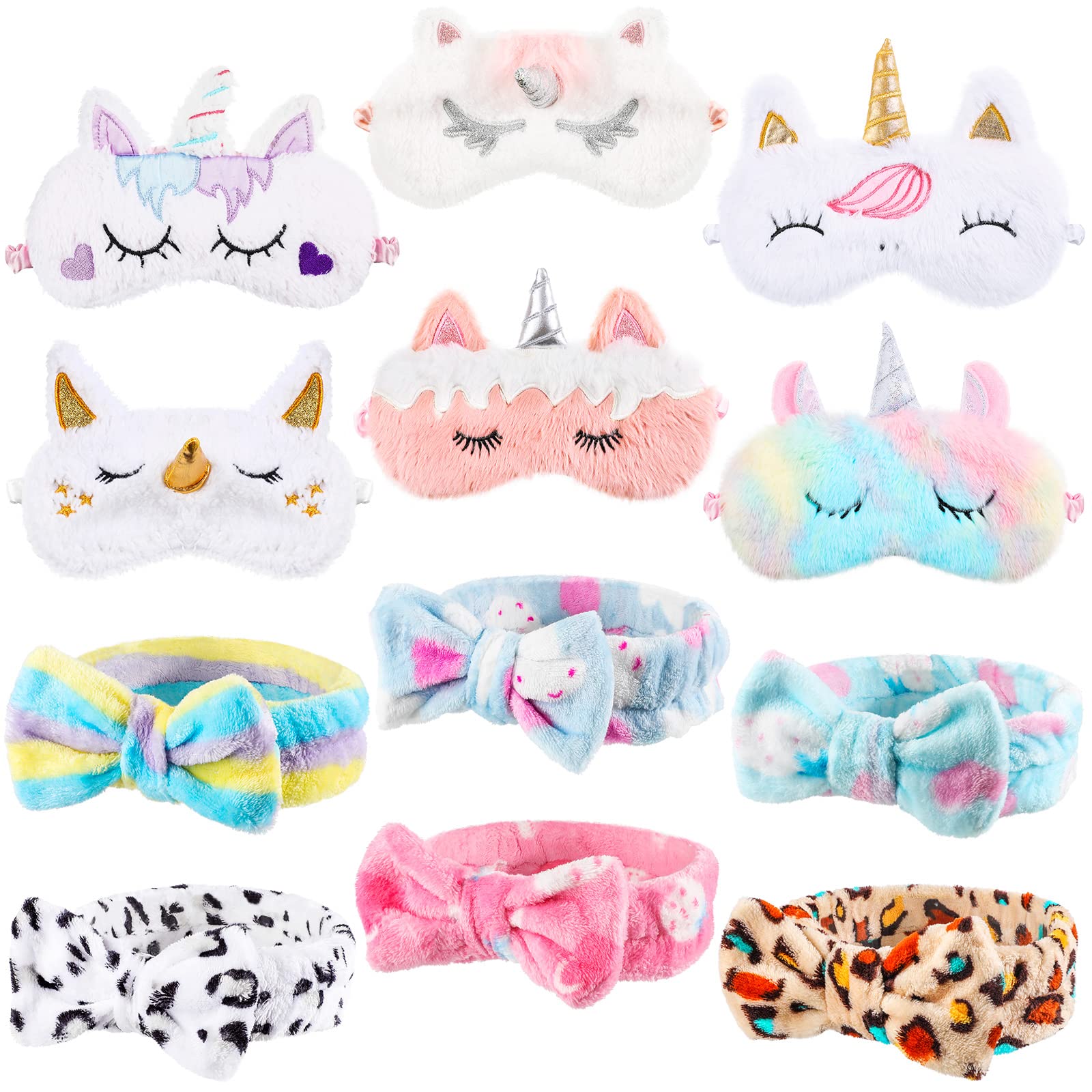 12 Packs Sleepover Party Favors for Teenager Girl, Unicorn Animal Plush Sleep Eye Mask Soft Plush Nap Eyeshade Plush Bow Headbands, Elastic Hair Band for Single Women Spa Pajama Party (Fresh Style)