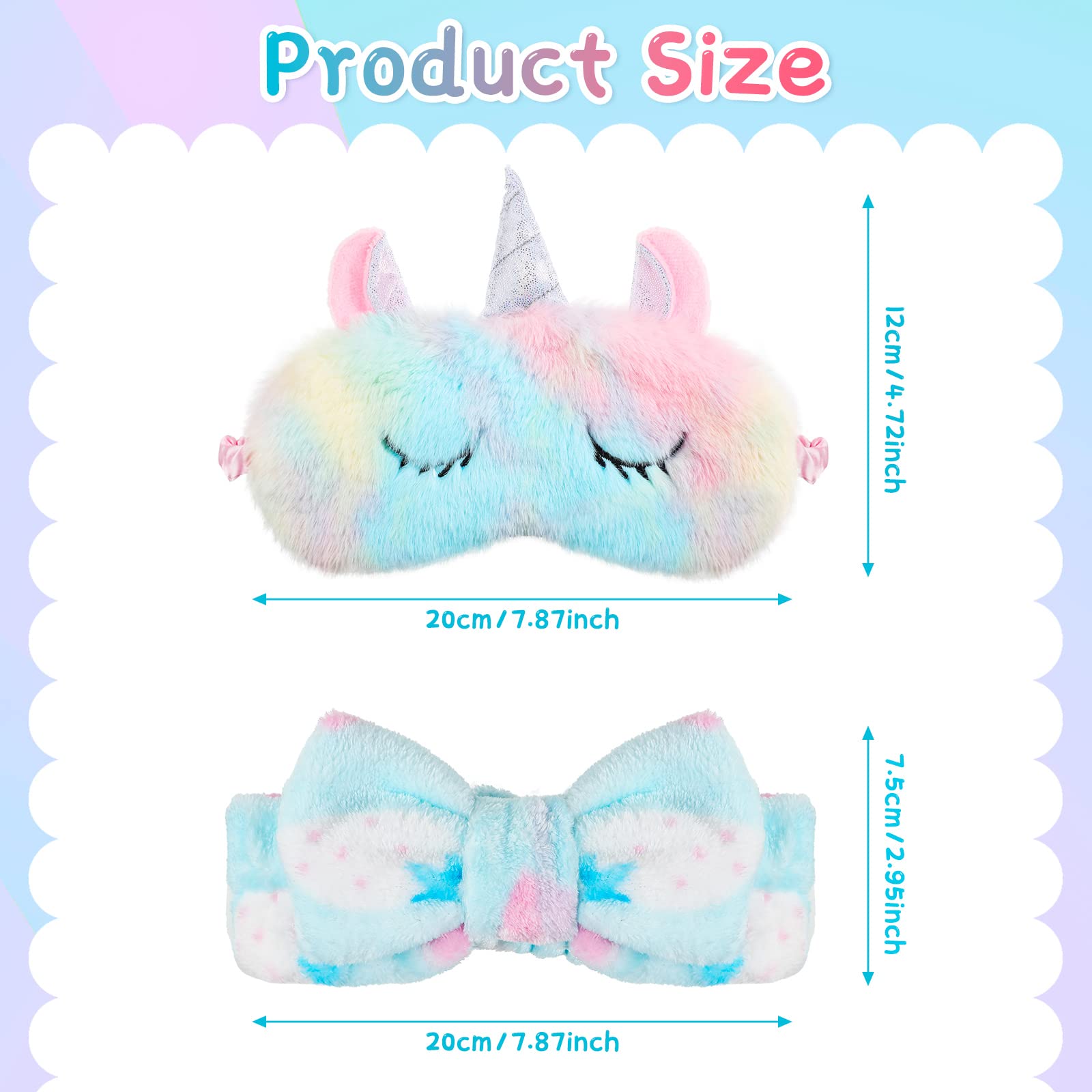 12 Packs Sleepover Party Favors for Teenager Girl, Unicorn Animal Plush Sleep Eye Mask Soft Plush Nap Eyeshade Plush Bow Headbands, Elastic Hair Band for Single Women Spa Pajama Party (Fresh Style)