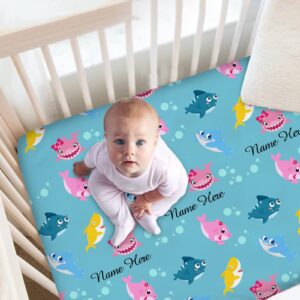 personalized cute baby shark baby crib sheets with name, custom fitted crib bedding sheets for baby boys girls, pack and play sheets, crib mattress sheets, mini crib sheet | name crib sheets