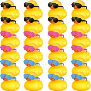 24 pcs mini rubber ducks with sunglasses, rubber ducks in bulk valentine duck bathtub toys for cruise valentines kids classroom gift exchange (eyeglasses, yellow, blue, pink, black)