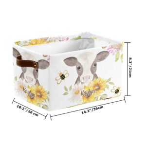 Farm Cow Sunflower Bee Personalized Storage Bins Basket Cubic Organizer with Durable Handle for Shelves Wardrobe Nursery Toy 1 Pack