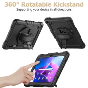 SEYMAC stock Drop-Proof Protection Case with 360° Rotate Stand &Strap [Pen Holder] & Screen Protector Tablet Cover for Lenovo Tab M10 Plus 3rd Gen (TB-125F/128F) 10.6", Black