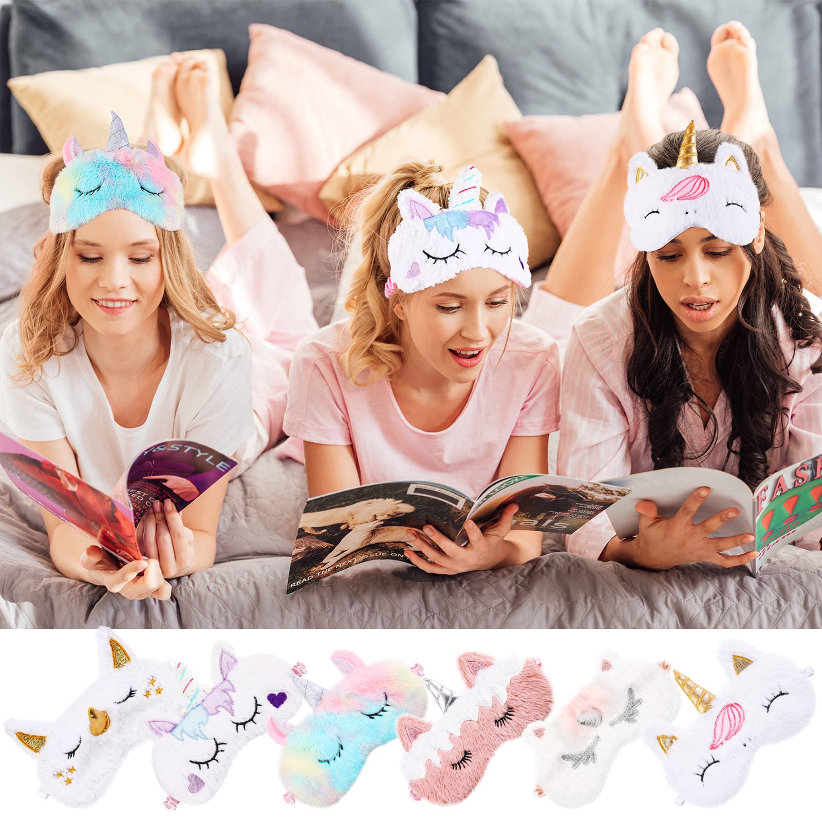 12 Packs Sleepover Party Favors for Teenager Girl, Unicorn Animal Plush Sleep Eye Mask Soft Plush Nap Eyeshade Plush Bow Headbands, Elastic Hair Band for Single Women Spa Pajama Party (Fresh Style)