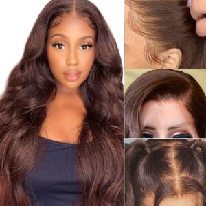 azkiu 150% density brazilian virgin hair brown lace front wig, 26 inch, pre plucked with baby hair, glueless, transparent lace front, soft and silky