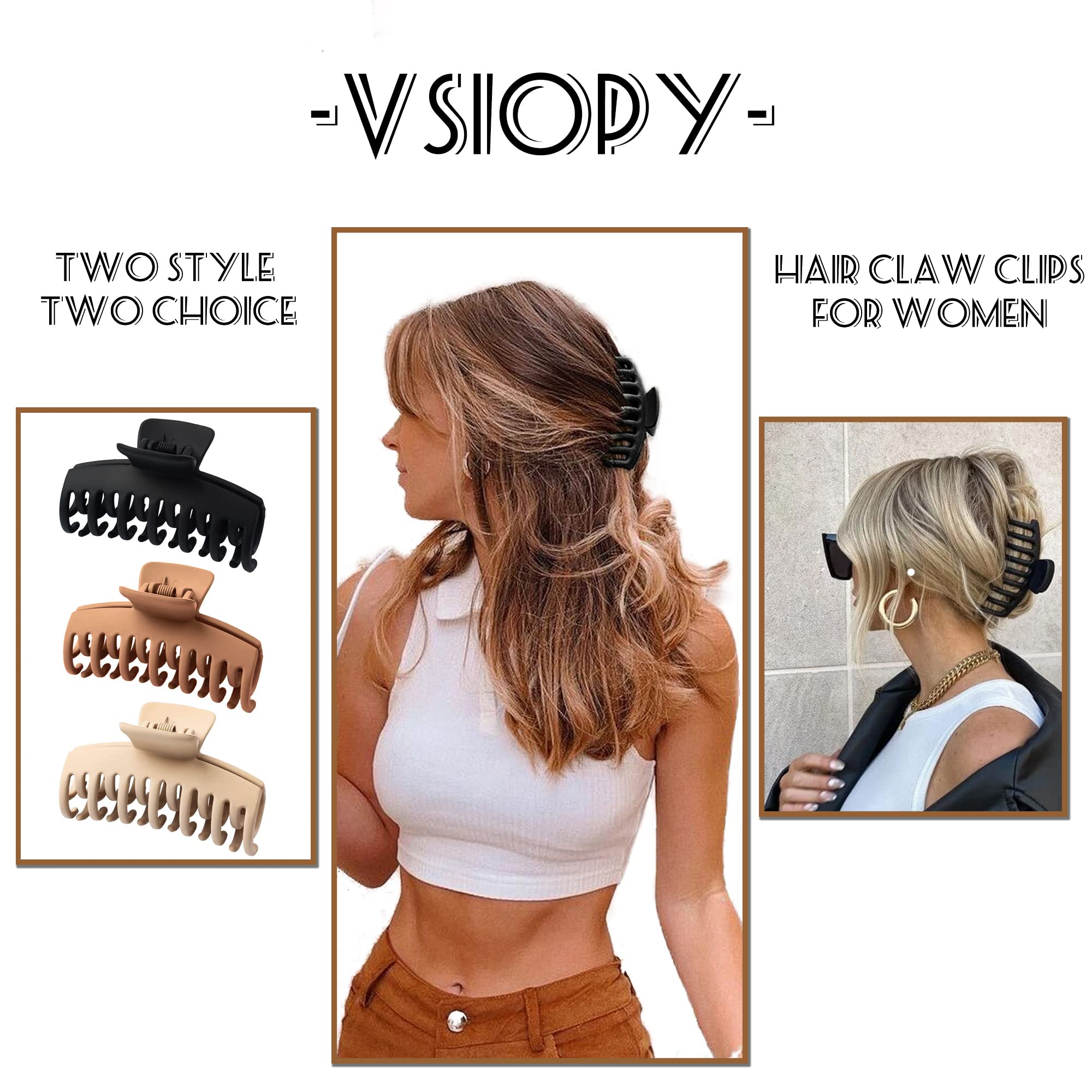 Vsiopy 6 Pack Medium Large Claw Clips for Thin or Thick Hair, Double Row Hair Clips for Women, Strong Hold Matte Hair Claw Clips, 3.5 Inch