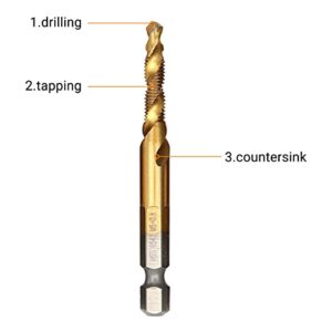 6pcs 1/4" Hex Metric Drill Tap Bit Set, Coated Thread Tap Screw Tapping Drill Bits, High Speed Steel, for Drilling, Tapping, Countersinking, M3, M4, M5, M6, M8, M10