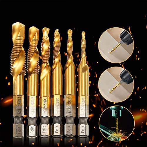 6pcs 1/4" Hex Metric Drill Tap Bit Set, Coated Thread Tap Screw Tapping Drill Bits, High Speed Steel, for Drilling, Tapping, Countersinking, M3, M4, M5, M6, M8, M10