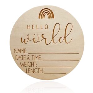 rainbow wooden baby announcement sign hello world newborn gift share baby's birth information customizable keepsake 10cm diameter, 0.25cm thick wood material