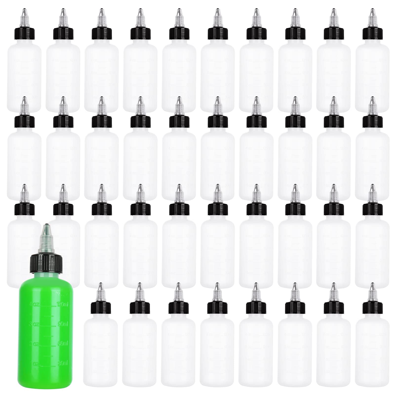 ZOFORTY 40Pcs 4 OZ Boston Dispensing Bottles, Plastic Squeeze Bottles with Twist Top Caps, Boston Round LDPE Bottles for Liquids Oils Art Crafts Kitchen Household (120ml)