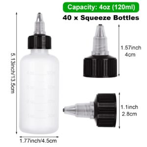 ZOFORTY 40Pcs 4 OZ Boston Dispensing Bottles, Plastic Squeeze Bottles with Twist Top Caps, Boston Round LDPE Bottles for Liquids Oils Art Crafts Kitchen Household (120ml)