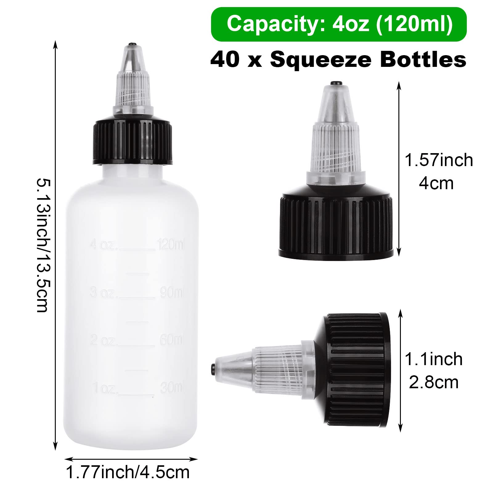 ZOFORTY 40Pcs 4 OZ Boston Dispensing Bottles, Plastic Squeeze Bottles with Twist Top Caps, Boston Round LDPE Bottles for Liquids Oils Art Crafts Kitchen Household (120ml)