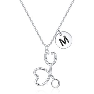 nurse gifts for women, s925 sterling silver initial stethoscope necklace for nurse medical assistant rn gifts for nurses week gifts nurse graduation gift for medical students necklaces for doctor (m)