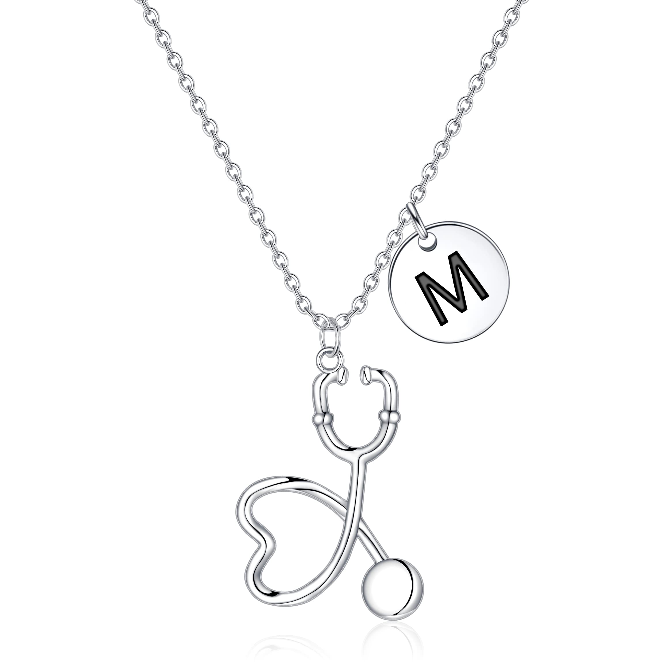 Nurse Gifts for Women, S925 Sterling Silver Initial Stethoscope Necklace for Nurse Medical Assistant RN Gifts for Nurses Week Gifts Nurse Graduation Gift for Medical Students Necklaces for Doctor (M)