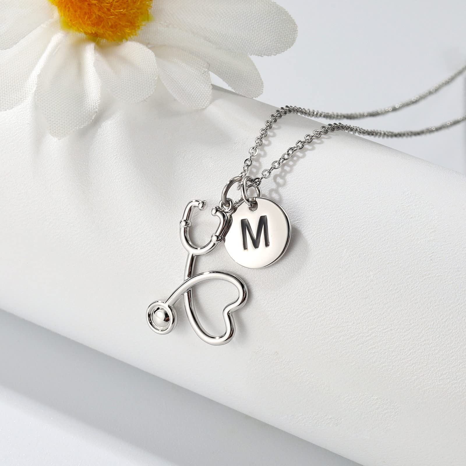 Nurse Gifts for Women, S925 Sterling Silver Initial Stethoscope Necklace for Nurse Medical Assistant RN Gifts for Nurses Week Gifts Nurse Graduation Gift for Medical Students Necklaces for Doctor (M)