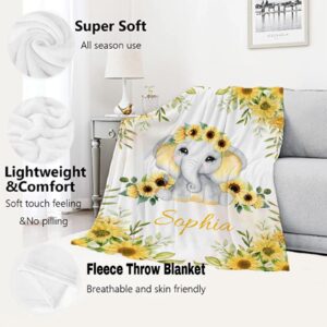 FUNDESIGN Sunflower Elephant Baby Personalized Flannel Blanket, Custom Name, Soft Cozy Plush Fleece Throw Bed Quilt, 30'x40' for Babies