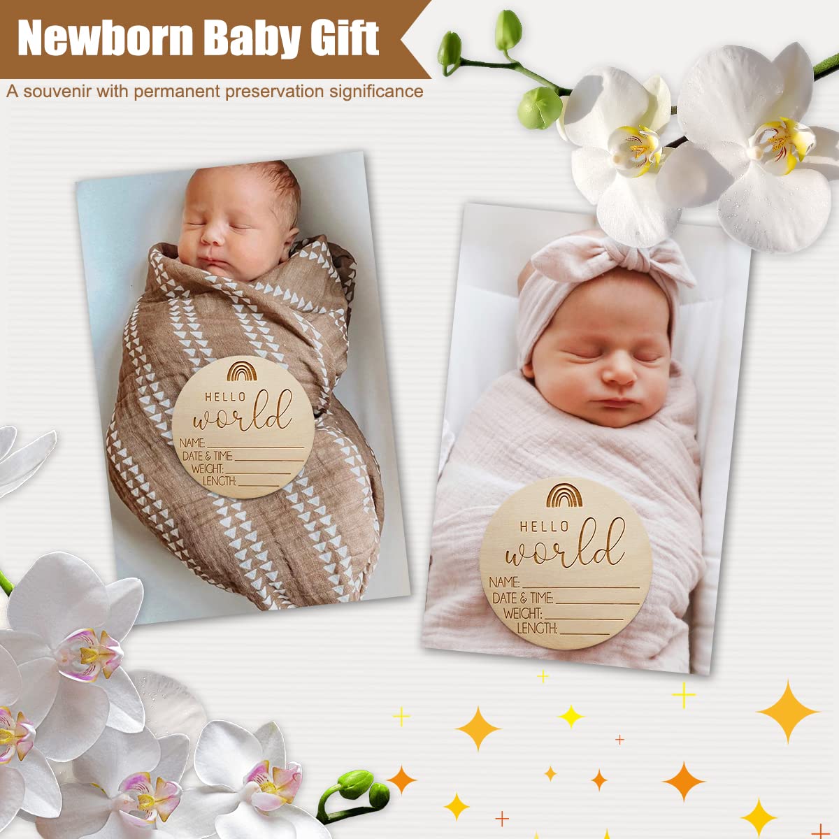 Rainbow Wooden Baby Announcement Sign Hello World Newborn Gift Share Baby's Birth Information Customizable Keepsake 10CM Diameter, 0.25CM Thick Wood Material