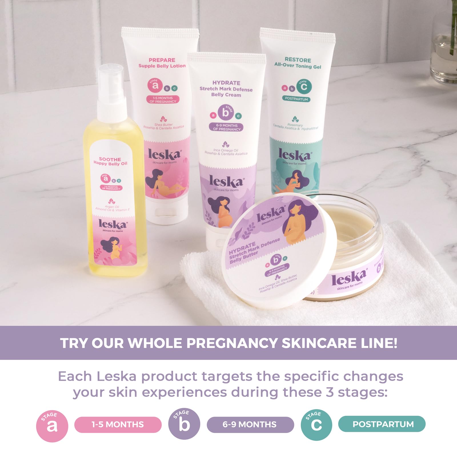 Leska Maternity Set | Belly Lotion, Stretch Mark Defense Cream, All-Over Toning Gel | All Maternity Stages Skin Care System for Pregnancy & Postpartum | New Mom Gifts (Set of 3, 4oz each)