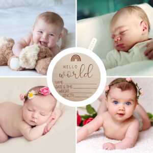 Rainbow Wooden Baby Announcement Sign Hello World Newborn Gift Share Baby's Birth Information Customizable Keepsake 10CM Diameter, 0.25CM Thick Wood Material