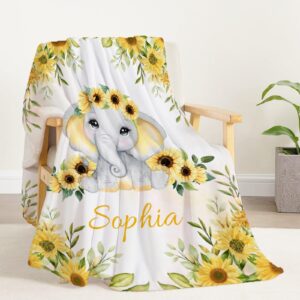 FUNDESIGN Sunflower Elephant Baby Personalized Flannel Blanket, Custom Name, Soft Cozy Plush Fleece Throw Bed Quilt, 30'x40' for Babies