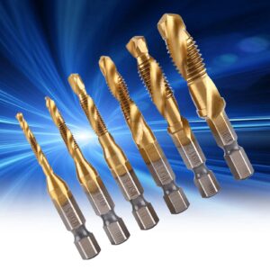 6pcs 1/4" Hex Metric Drill Tap Bit Set, Coated Thread Tap Screw Tapping Drill Bits, High Speed Steel, for Drilling, Tapping, Countersinking, M3, M4, M5, M6, M8, M10