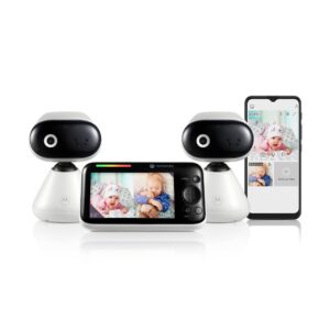 motorola video baby monitor pip1500-5" screen, wifi, 2 cameras - wall mount, smart phone nursery app, 1000ft range, two-way audio, split-screen, digital pan-tilt-zoom, room temp, lullabies