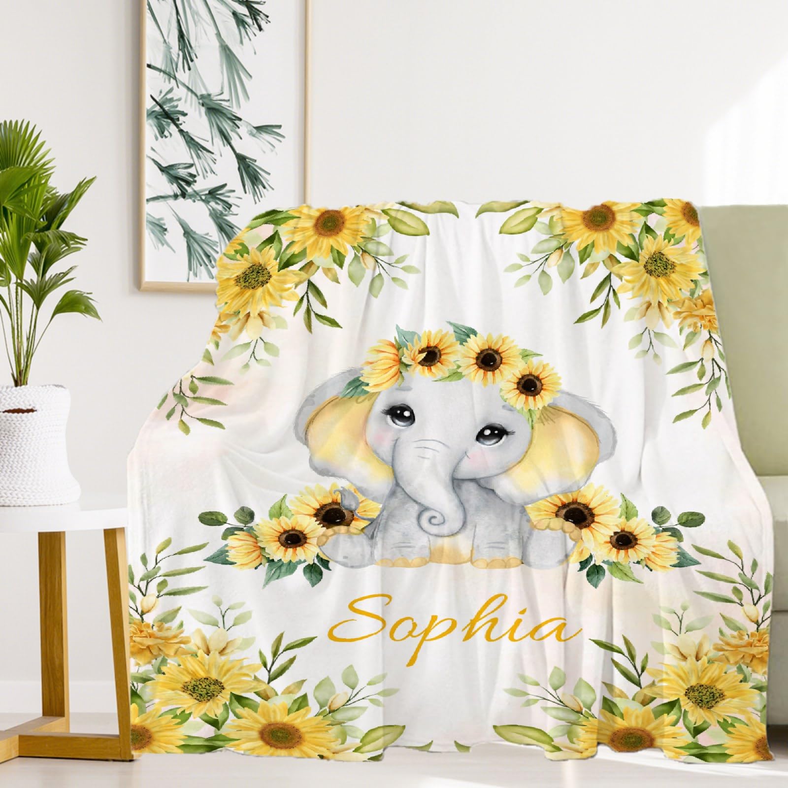 FUNDESIGN Sunflower Elephant Baby Personalized Flannel Blanket, Custom Name, Soft Cozy Plush Fleece Throw Bed Quilt, 30'x40' for Babies