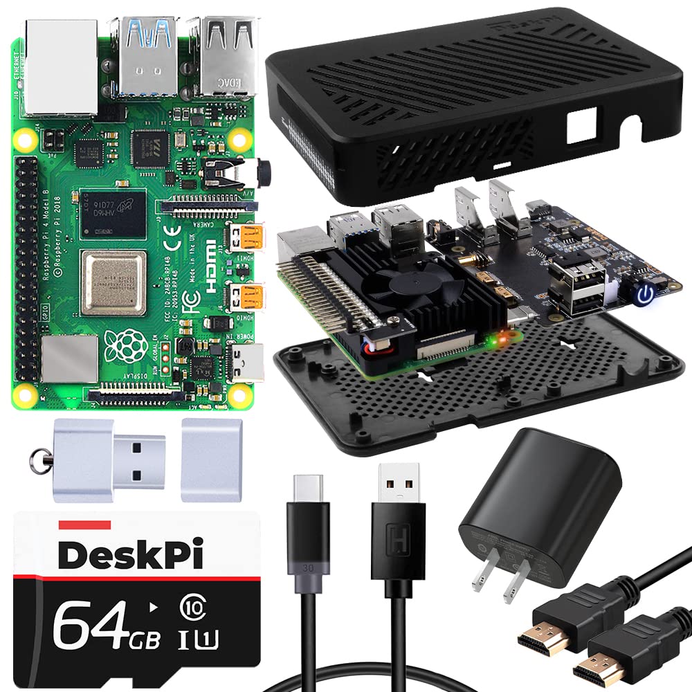 GeeekPi Starter Kit for Raspberry Pi 4 8GB - 64GB Edition, DeskPi Lite Case with Power Button/Heatsink with PWM Fan, QC3.0 Power Supply, HDMI Cable, Card Reader (8GB RAM)