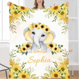 fundesign sunflower elephant baby personalized flannel blanket, custom name, soft cozy plush fleece throw bed quilt, 30'x40' for babies