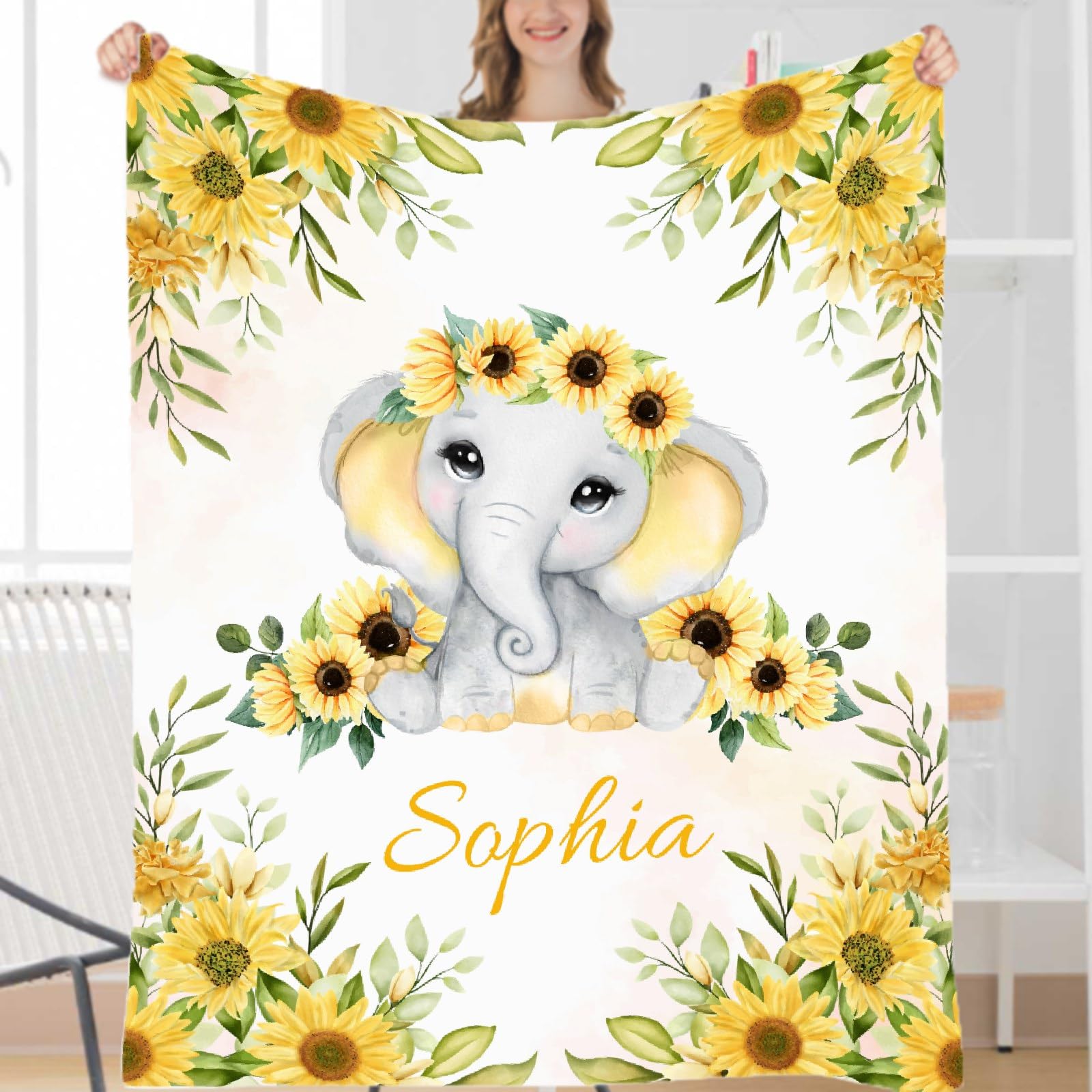 FUNDESIGN Sunflower Elephant Baby Personalized Flannel Blanket, Custom Name, Soft Cozy Plush Fleece Throw Bed Quilt, 30'x40' for Babies