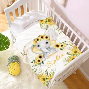 FUNDESIGN Sunflower Elephant Baby Personalized Flannel Blanket, Custom Name, Soft Cozy Plush Fleece Throw Bed Quilt, 30'x40' for Babies