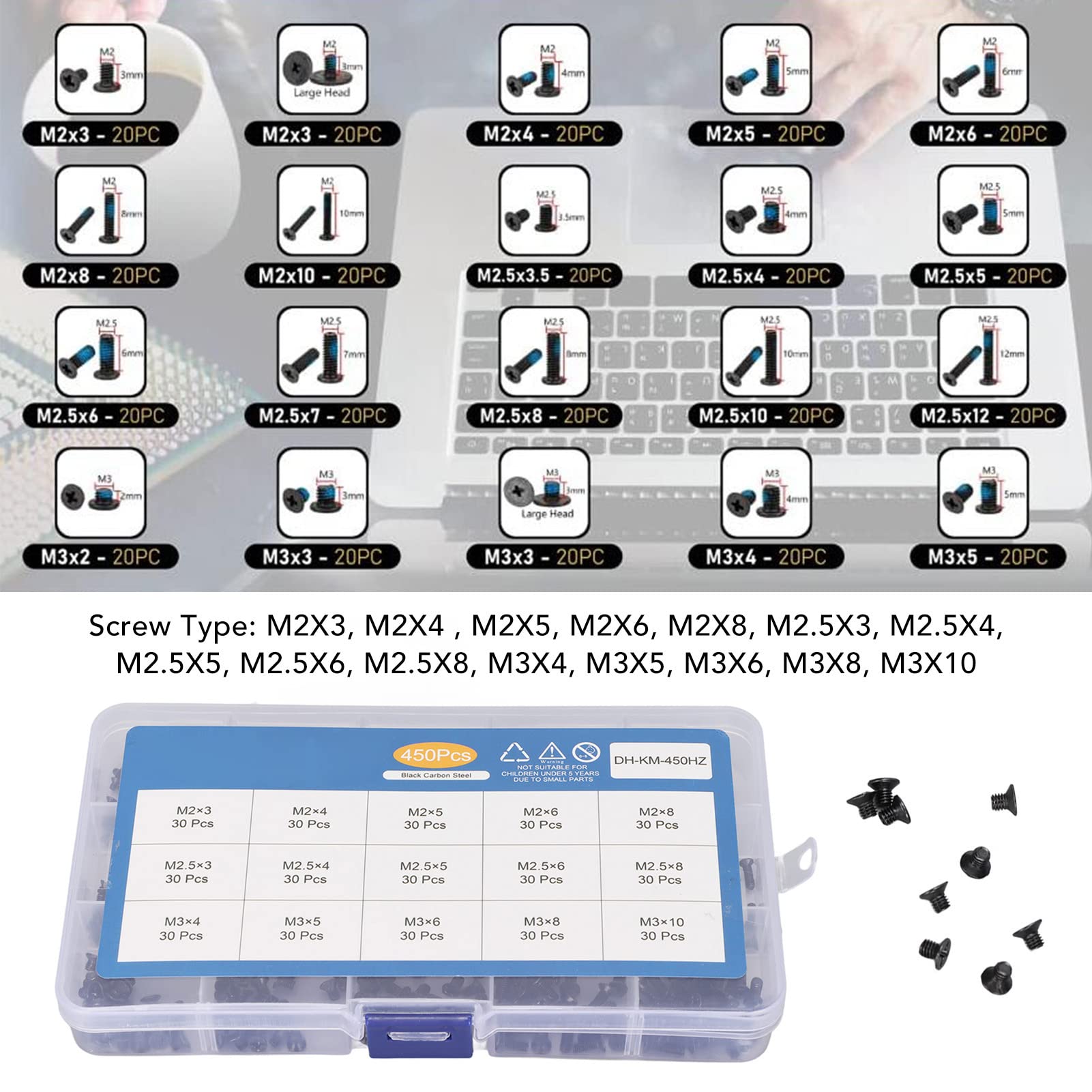 450PCS Laptop Screws, M2X3 M2X4 M2X5 M2X6 M2X8 M2.5X3 M2.5X4 M2.5X5 M2.5X6 M2.5X8 M3X4 M3X5 M3X6 M3X8 M3X10 Type Screw for Laptop Repair