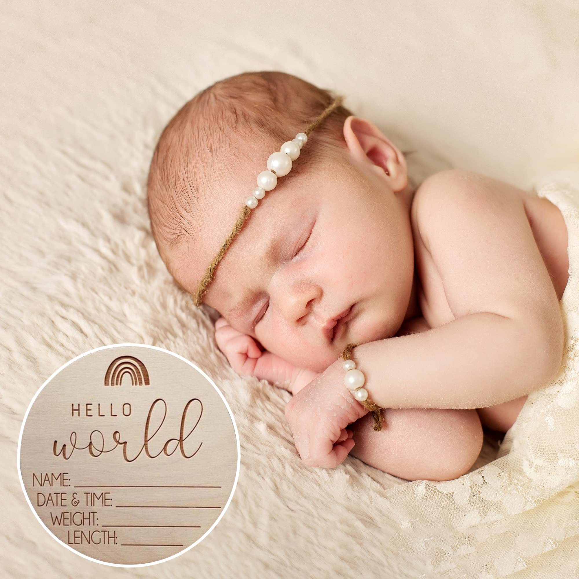 Rainbow Wooden Baby Announcement Sign Hello World Newborn Gift Share Baby's Birth Information Customizable Keepsake 10CM Diameter, 0.25CM Thick Wood Material