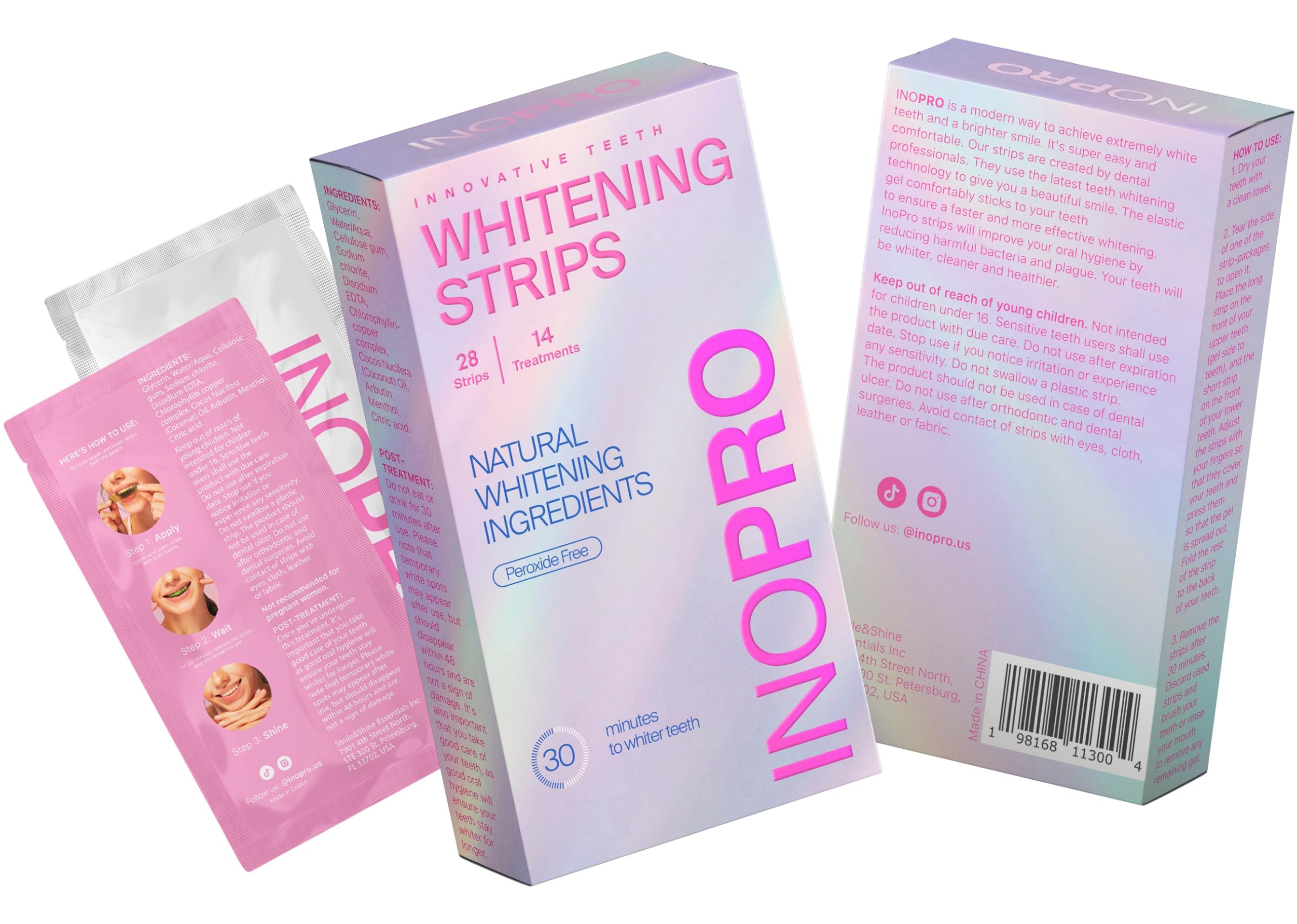 InoPro Teeth Whitening Strips 14 Treatments Kit - Teeth Whitener, Peroxide Free, Enamel Safe Green White Strips, Deep Stains Removal - Instant Teeth Whitening Without The Harm (28 Strips)