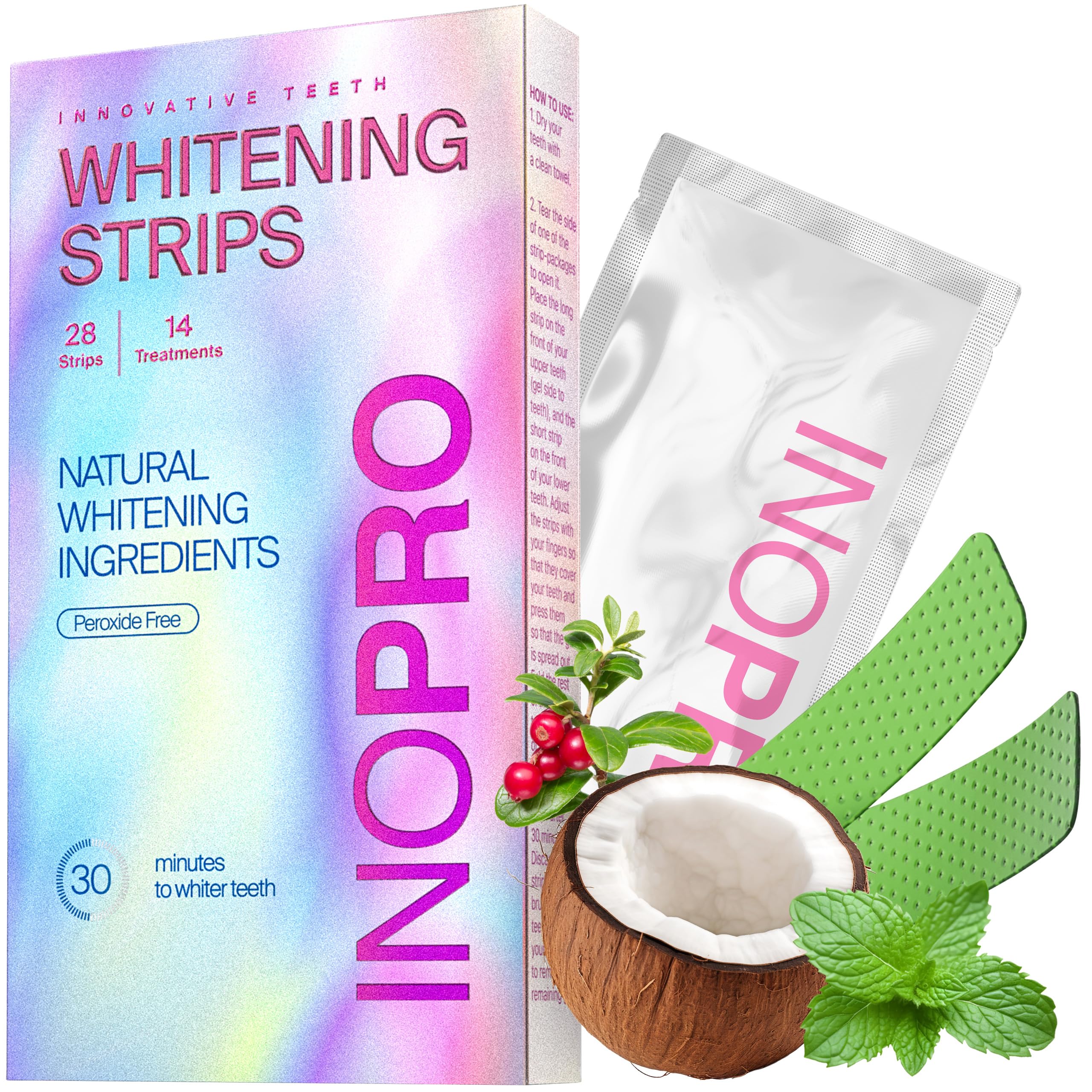 InoPro Teeth Whitening Strips 14 Treatments Kit - Teeth Whitener, Peroxide Free, Enamel Safe Green White Strips, Deep Stains Removal - Instant Teeth Whitening Without The Harm (28 Strips)