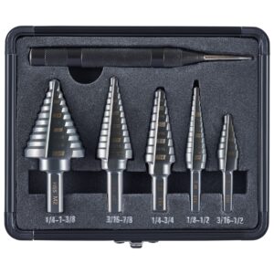 anfrere 5pcs m2 step bits set, 50 sizes m2 hss step drill bits, 1/8"-1-3/8" unibit drill bits set for sheet steel metal with storage case, multiple hole stepped up bits home tools, 1016