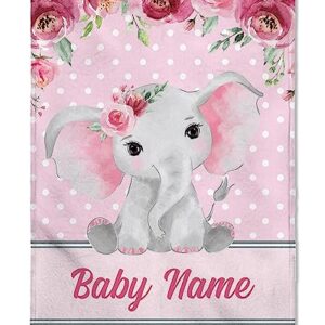 FLOCHIL Personalized Baby Blankets, Custom Baby Blanket - Baby Blanket with Name for Girls, Best Gift for Baby, Newborn Elephants Plush Fleece (30x40)