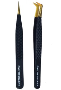 2pcs black straight and l-shaped (boot) gold pointed eyelash tweezers for lash extension - stainless steel precision tweezers for volume and classic lashes - false eyelash extension kit.