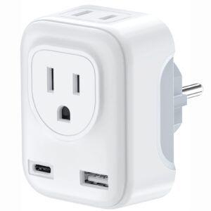 european travel adapter, german france plug adapter, type e/f power adapter with 2 electrical outlets and usb-a/usb-c charger, schuko adaptor for us to europe eu spain iceland russia norway sweden