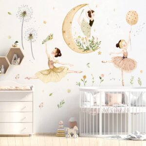 2 sheets ballet girls wall stickers 3d moon and flower wall decals diy removable dandelions wall sticker for kids baby girls bedroom nursery living room tv background kids rooms home wall decoration