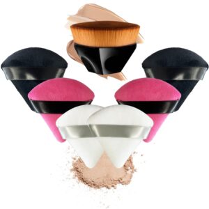 triangle powder puff, 6+1 pieces makeup powder puffs and kabuki foundation brush, soft velour powder puffs for face and body foundation sponge, setting powder puff wet dry makeup tool