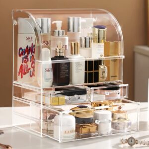 Large Acrylic Makeup Organizer With Lid Cosmetic Storage Drawers Portable Makeup Organizers Dustproof And Waterproof Box For Women (Gold/Clear, 11.8inx 14in x 7in)