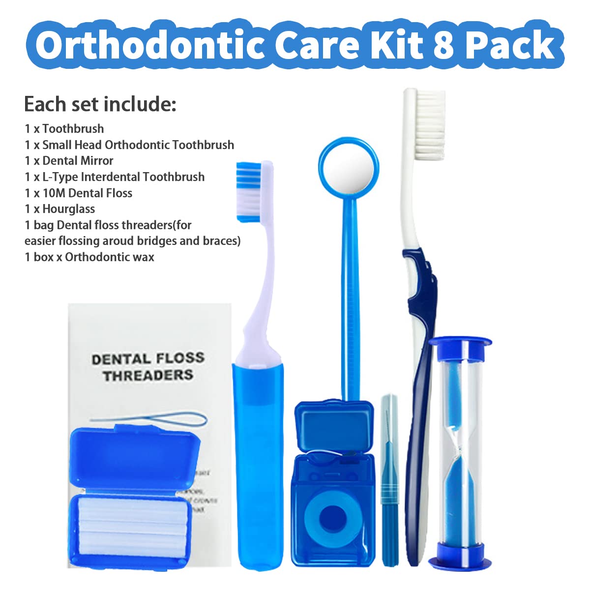 Braces Cleaning Kit for Teeth, Portable Orthodontic Toothbrush Kit Oral Care Dental Travel Kit - Interdental Brush Dental Wax Dental Floss Toothbrush Box (Blue B)