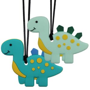 chew necklaces for sensory kids and adults, 2 pack dinosaur silicone chewy toys for boys with autism, adhd, spd, reduce chewing fidgeting for children, oral motor chewing necklace…