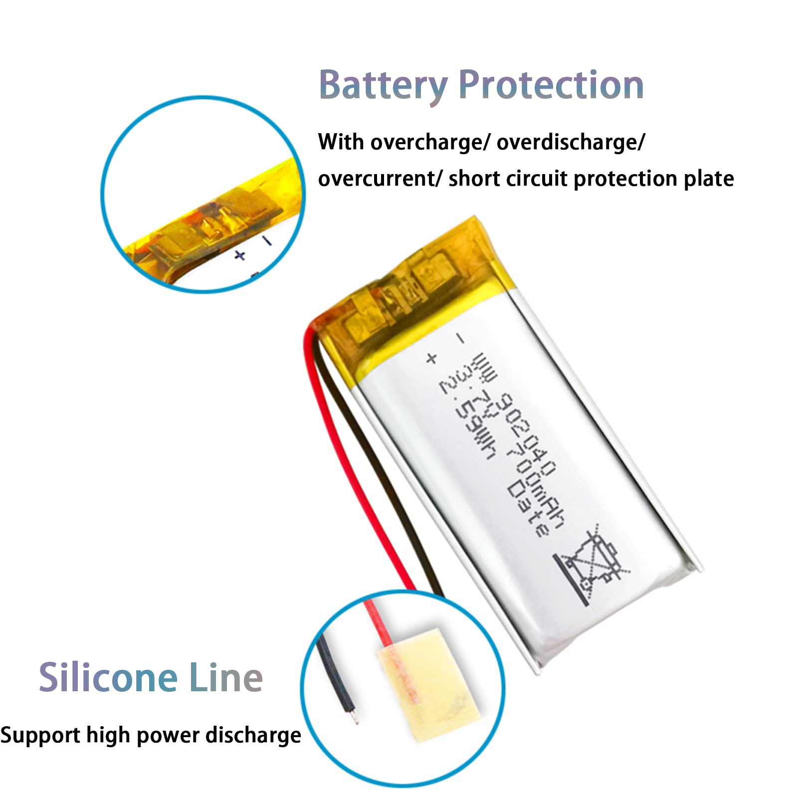 FREEDOH 3.7V Li-Polymer Battery 700mAh Lithium-ion Backup Battery 902040 Lithium-Polymer ion Rechargeable Battery with Protection Board (2pcs)