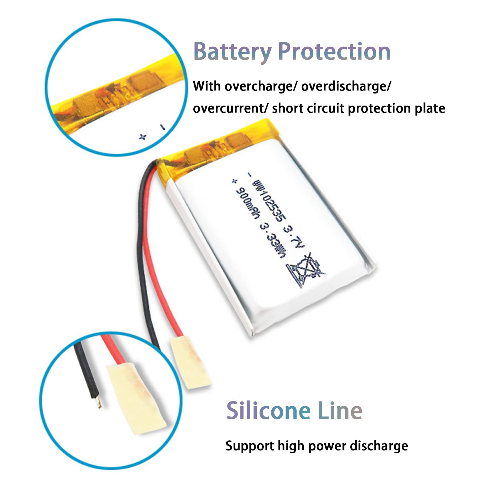 FREEDOH Polymer Lithium Battery 3.7V 900mAh Lithium-ion Rechargeable Battery 102535 Li-Polymer ion Backup Battery with Protection Board (2pcs)