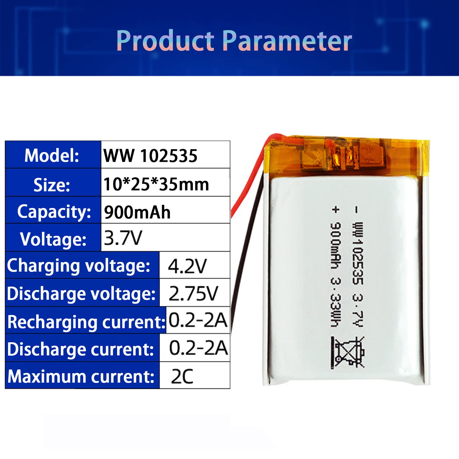 FREEDOH Polymer Lithium Battery 3.7V 900mAh Lithium-ion Rechargeable Battery 102535 Li-Polymer ion Backup Battery with Protection Board (2pcs)