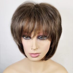 LEDABAO Pixie Cuts Short Wigs with Bangs Dark Brown Mixed Blonde Highlight Wig for white women wig daily parties